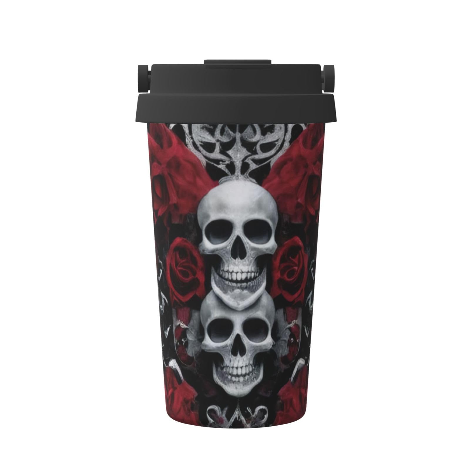 Insulated Coffee Mug Skull Floral 17oz Double Wall Vacuum Stainless Steel Tumbler With Leak-Proof Lid And Handle, Cute Travel Thermos Mug For Cold Hot Drinks