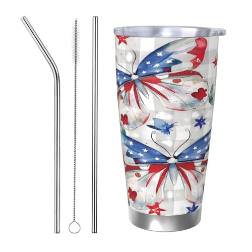 AYCZN Butterfly American 20 OZ Tumbler Stainless Steel Travel Coffee Mug, Usa Flag Star Insulated Water Bottle with Lid and Straws Leakproof Thermal Cup