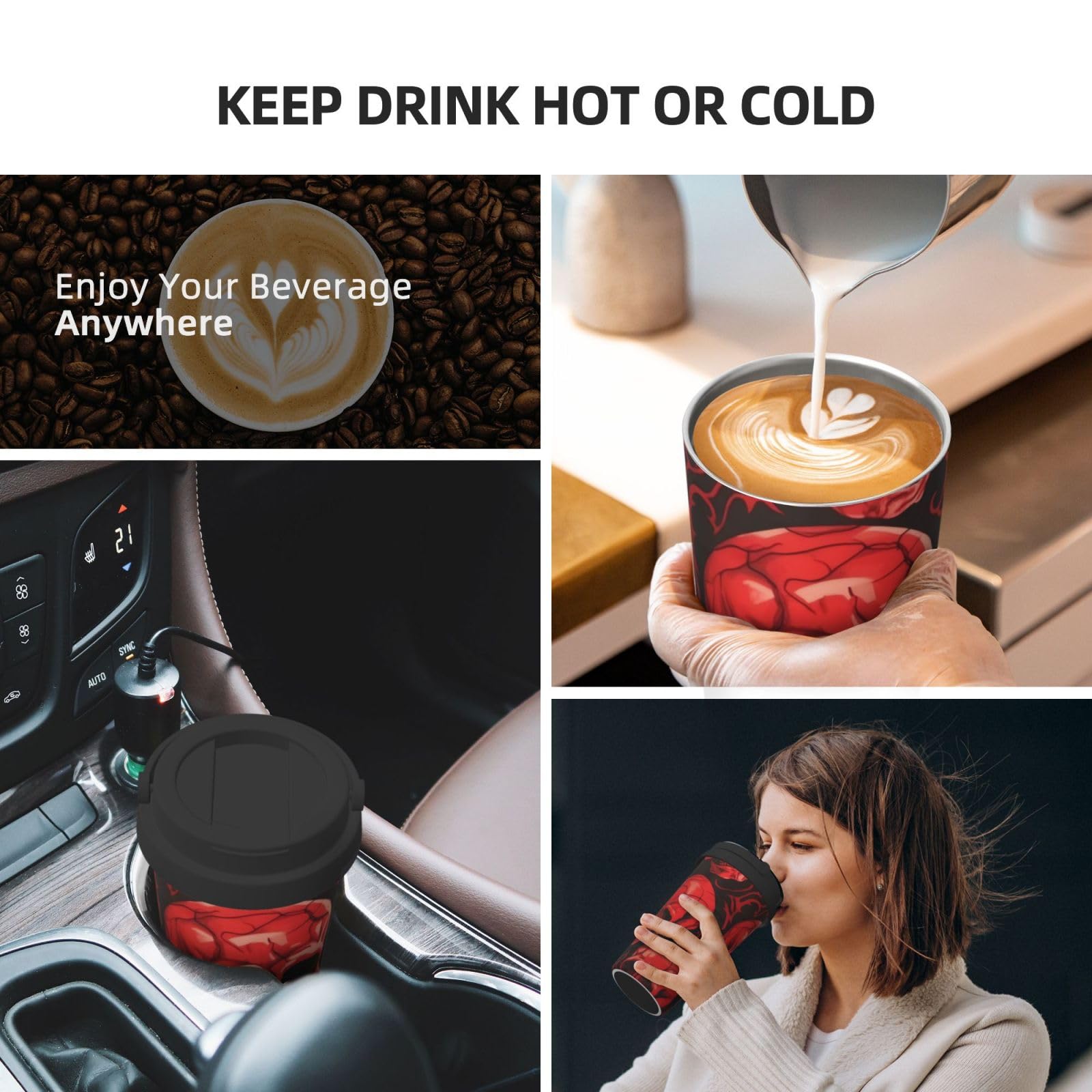 Insulated Coffee Mug Red Skulls 17oz Double Wall Vacuum Stainless Steel Tumbler With Leak-Proof Lid And Handle, Cute Travel Thermos Mug For Cold Hot Drinks