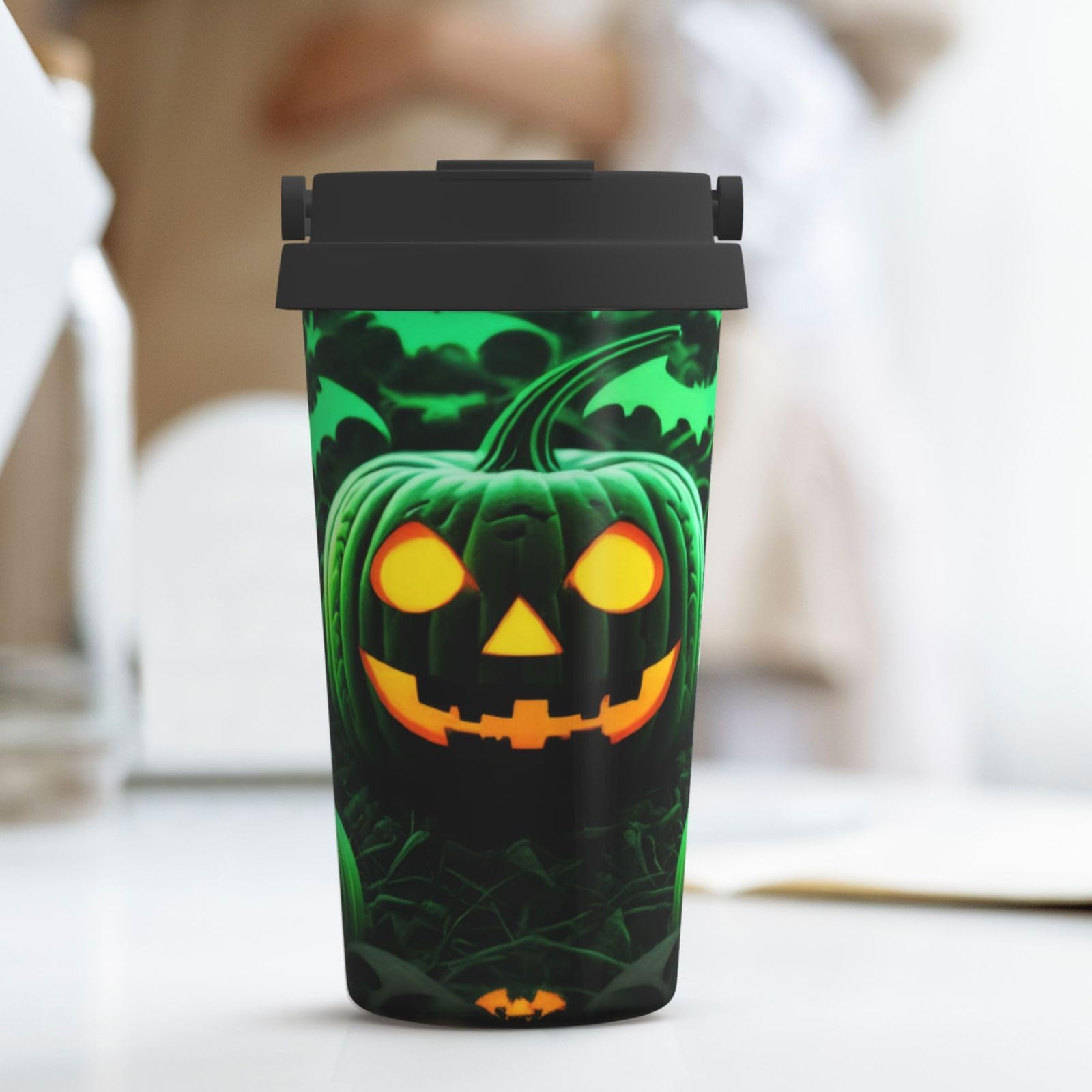 Insulated Coffee Mug Green Ghost Horror Halloween 17oz Double Wall Vacuum Stainless Steel Tumbler With Leak-Proof Lid And Handle, Cute Travel Thermos Mug For Cold Hot Drinks