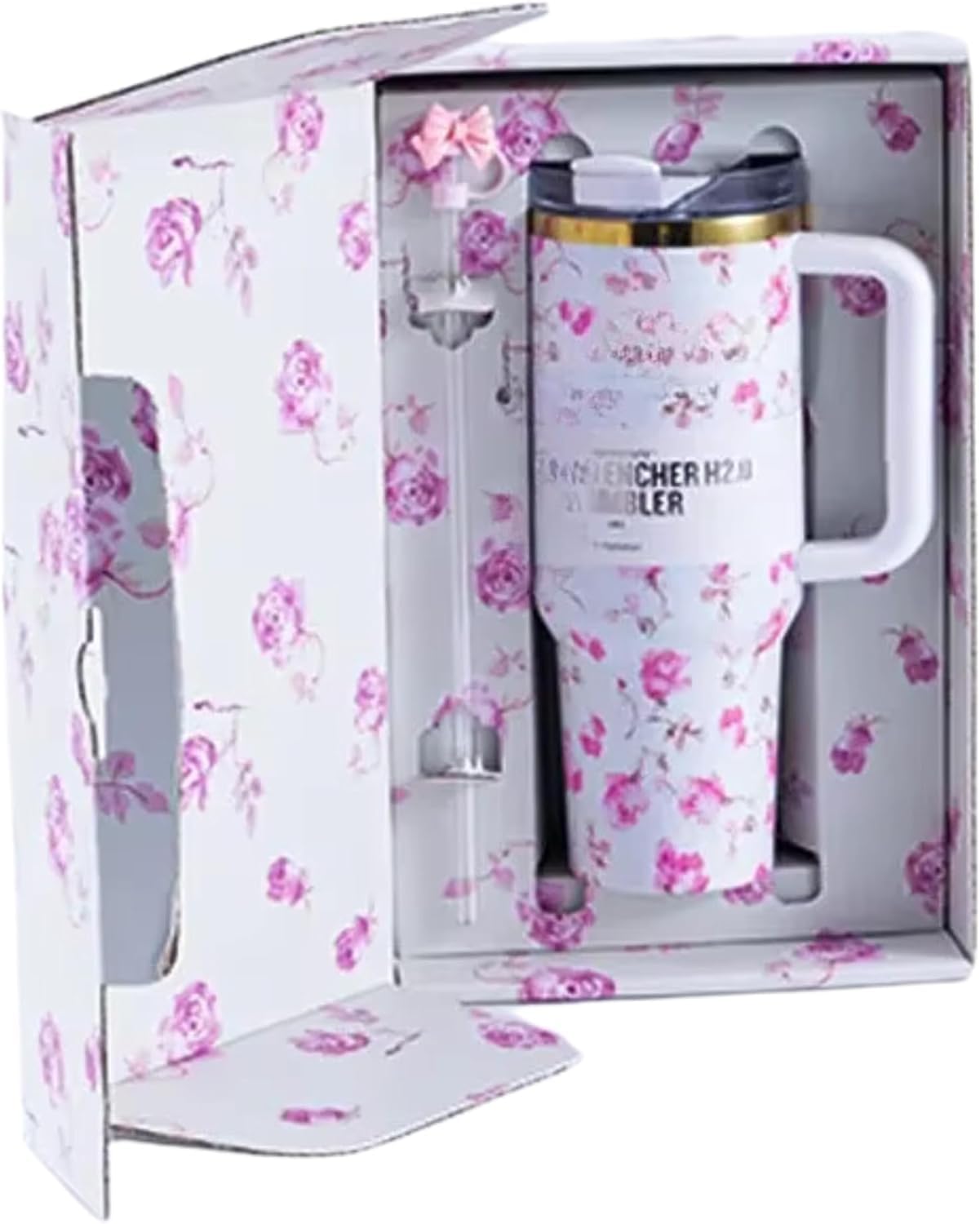 Love Shack Fancy Quencher Tumbler 40 oz Quencher H2.0 with box.40oz Tumbler with Handle,Double Wall Vacuum Reusable Stainless Steel Insulated Water Bottle,With Leak Proof lid and Straw (1, White)