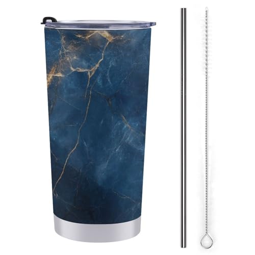 DuduYH 20 Oz Tumbler Travel Cup Elegant Blue Marble Textures Water Bottle, Stainless Steel Vacuum Insulated Coffee Mug with Straw Lid And Cleaning Brush