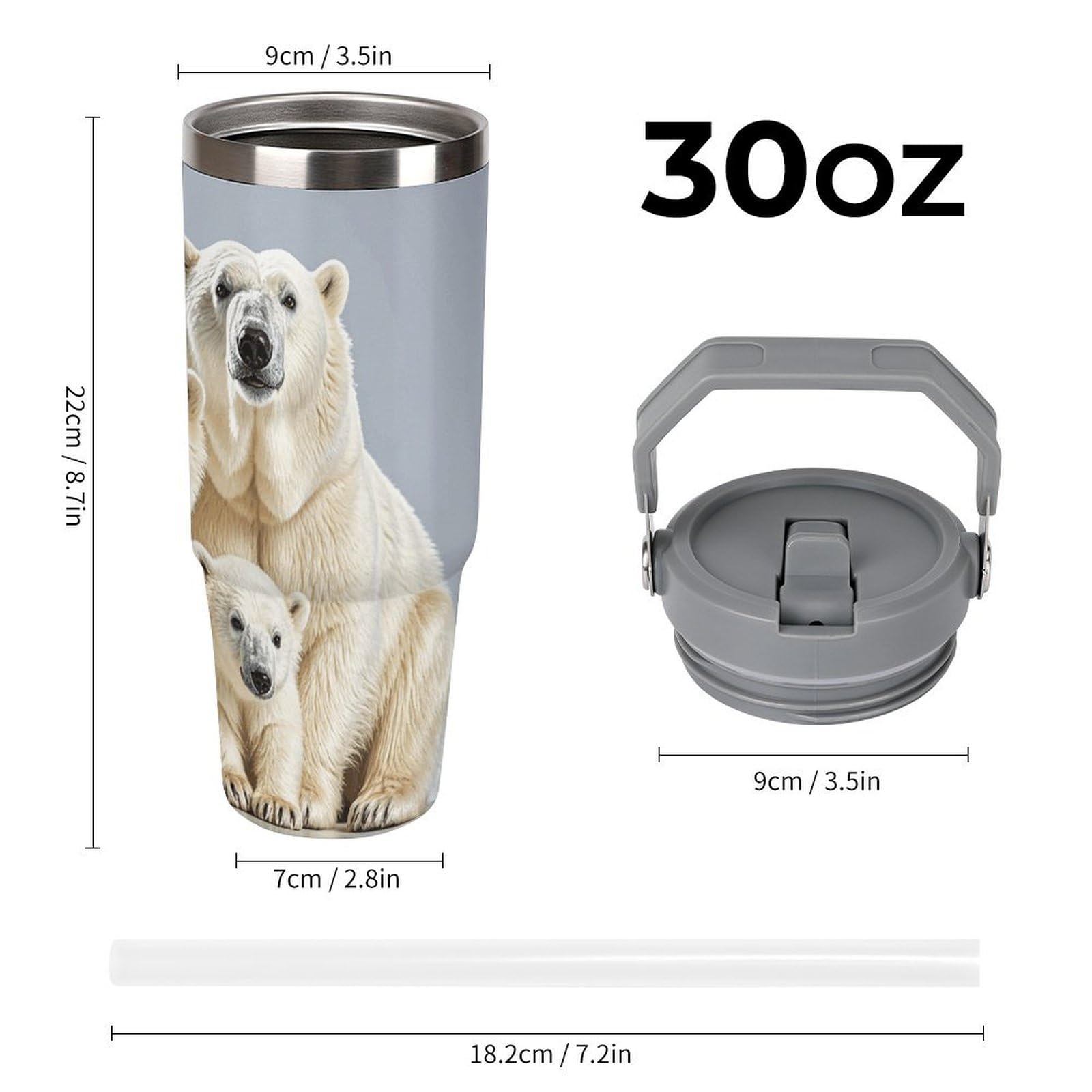 30oz Stainless Steel Insulated Tumbler with Flip Lid & Straw, Leakproof Travel Mug for Car, Polar Bear And Cub Double Wall Vacuum Thermal Coffee Cup with Handle, Spill-Proof Design for Hot/Cold Drinks