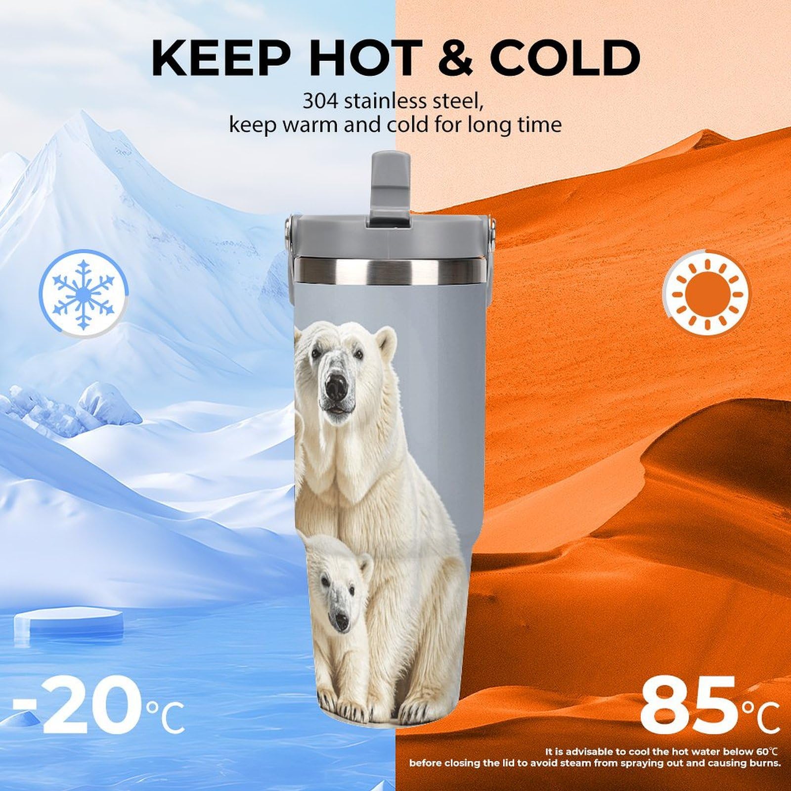 30oz Stainless Steel Insulated Tumbler with Flip Lid & Straw, Leakproof Travel Mug for Car, Polar Bear And Cub Double Wall Vacuum Thermal Coffee Cup with Handle, Spill-Proof Design for Hot/Cold Drinks