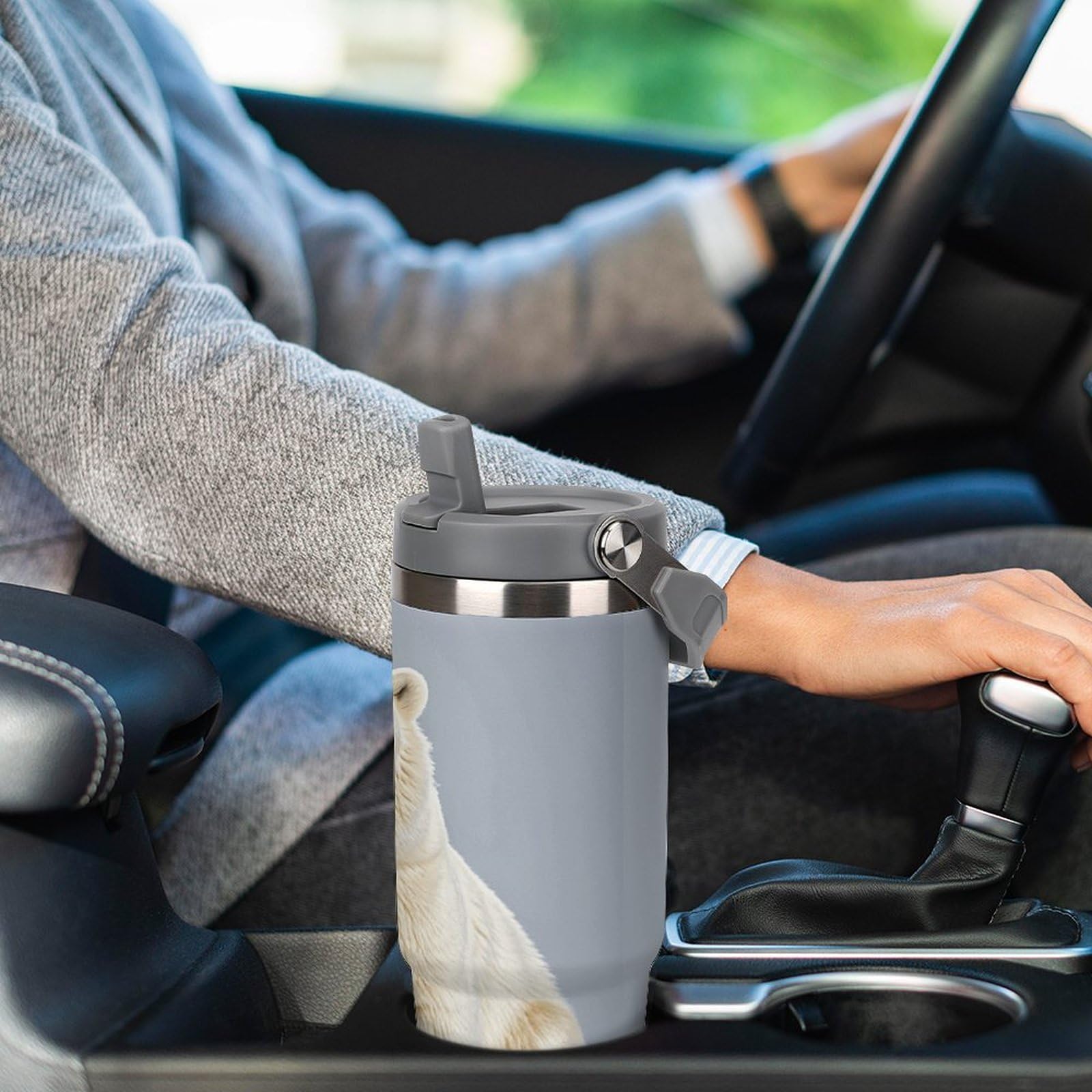 30oz Stainless Steel Insulated Tumbler with Flip Lid & Straw, Leakproof Travel Mug for Car, Polar Bear And Cub Double Wall Vacuum Thermal Coffee Cup with Handle, Spill-Proof Design for Hot/Cold Drinks