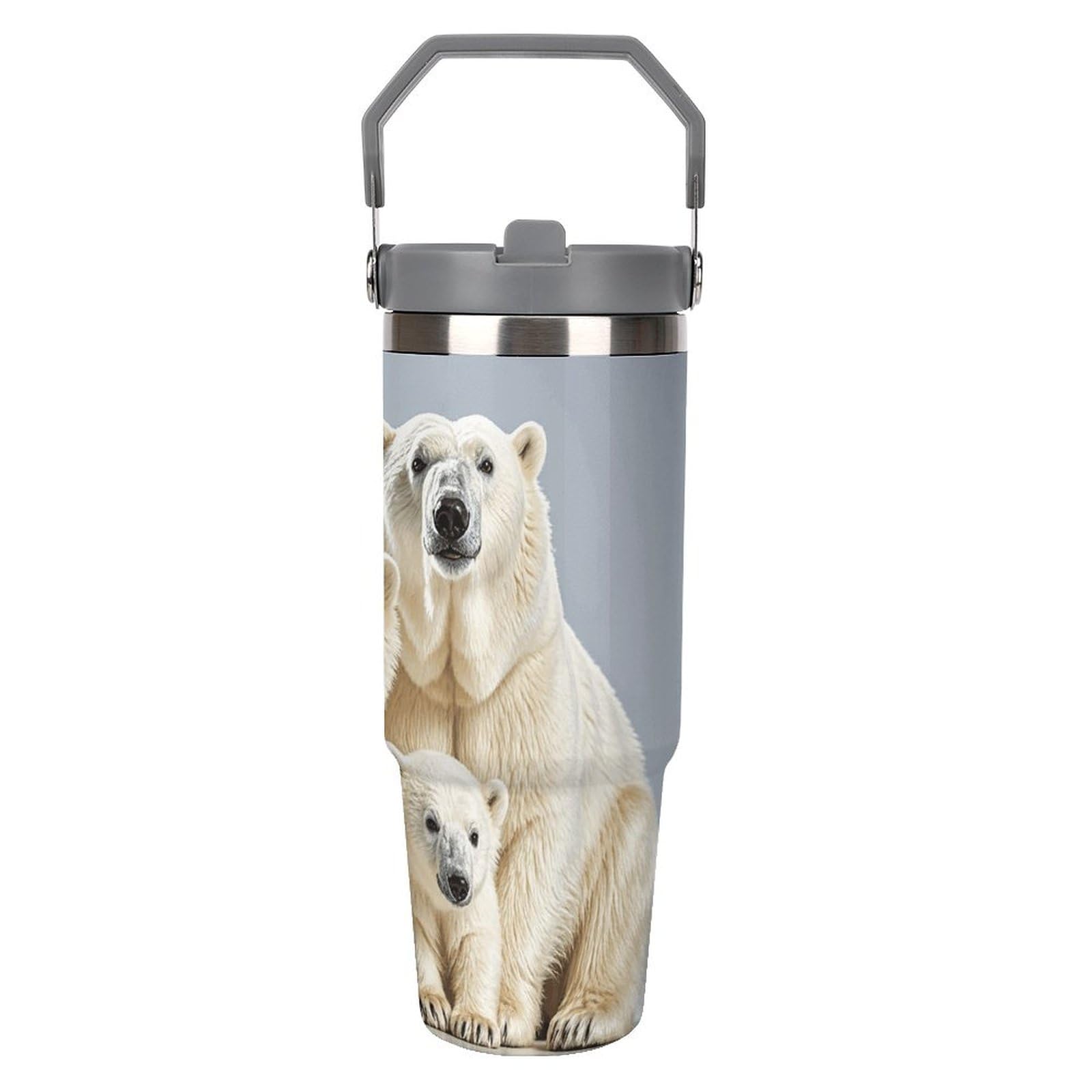 30oz Stainless Steel Insulated Tumbler with Flip Lid & Straw, Leakproof Travel Mug for Car, Polar Bear And Cub Double Wall Vacuum Thermal Coffee Cup with Handle, Spill-Proof Design for Hot/Cold Drinks