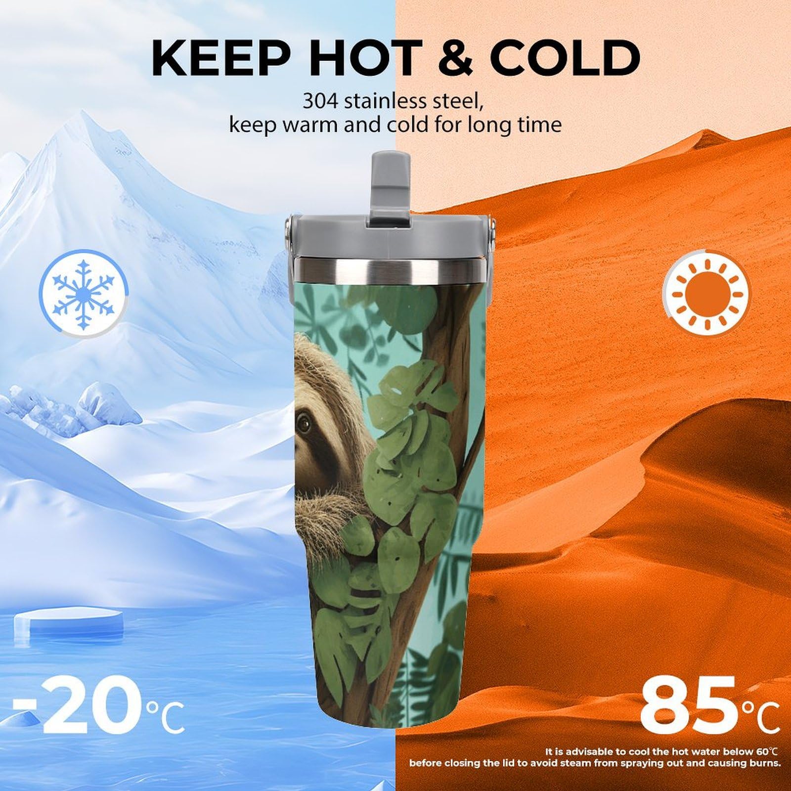 30oz Stainless Steel Insulated Tumbler with Flip Lid & Straw, Leakproof Travel Mug for Car, Hug Tree Sloth Double Wall Vacuum Thermal Coffee Cup with Handle, Spill-Proof Design for Hot/Cold Drinks