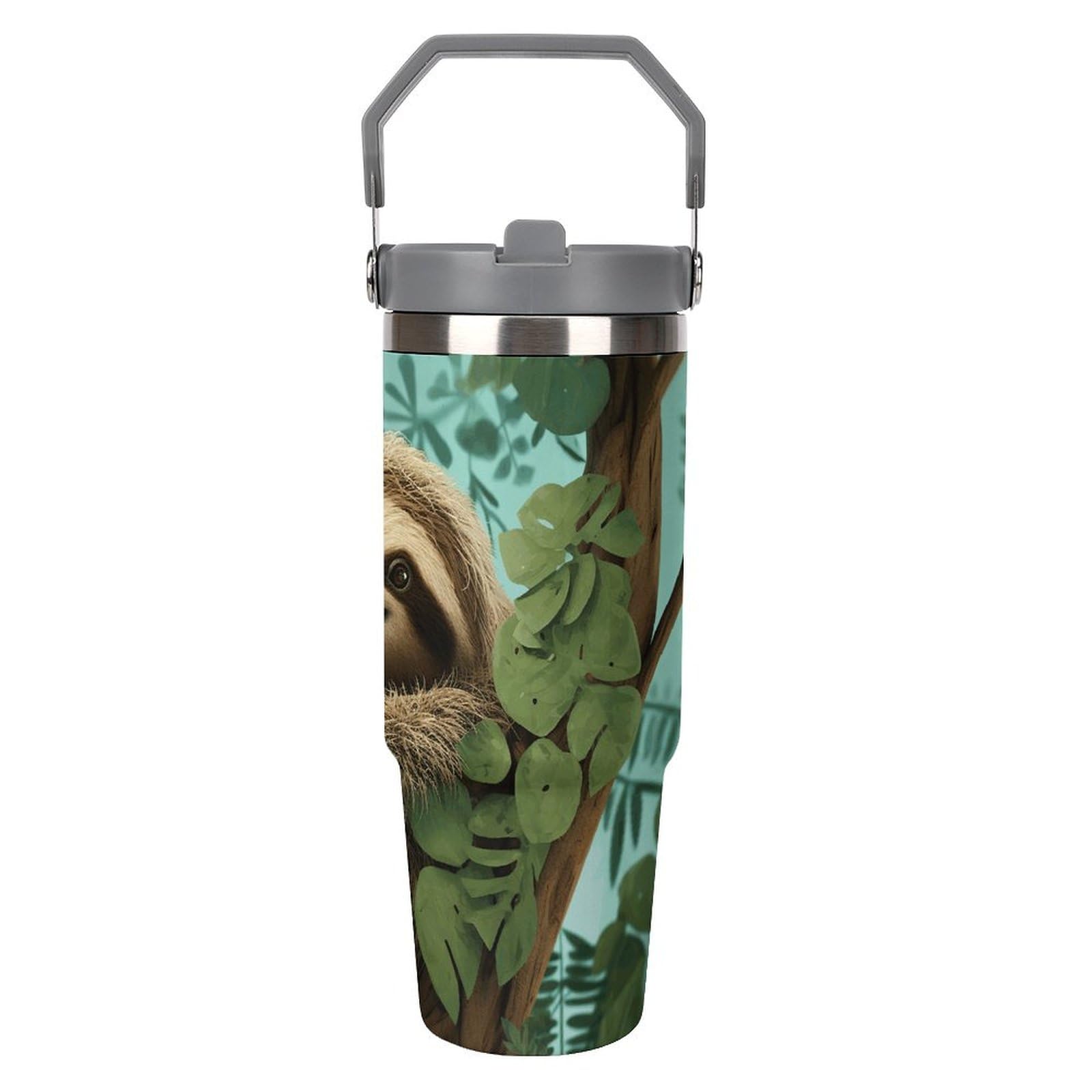 30oz Stainless Steel Insulated Tumbler with Flip Lid & Straw, Leakproof Travel Mug for Car, Hug Tree Sloth Double Wall Vacuum Thermal Coffee Cup with Handle, Spill-Proof Design for Hot/Cold Drinks