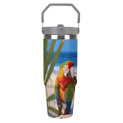 30oz Stainless Steel Insulated Tumbler with Flip Lid & Straw, Leakproof Travel Mug for Car, Beach Parrots Double Wall Vacuum Thermal Coffee Cup with Handle, Spill-Proof Design for Hot/Cold Drinks