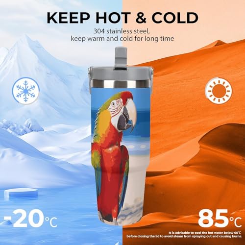 30oz Stainless Steel Insulated Tumbler with Flip Lid & Straw, Leakproof Travel Mug for Car, Beach Parrots Double Wall Vacuum Thermal Coffee Cup with Handle, Spill-Proof Design for Hot/Cold Drinks
