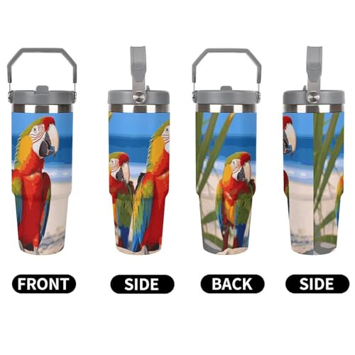 30oz Stainless Steel Insulated Tumbler with Flip Lid & Straw, Leakproof Travel Mug for Car, Beach Parrots Double Wall Vacuum Thermal Coffee Cup with Handle, Spill-Proof Design for Hot/Cold Drinks