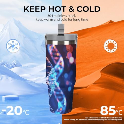 30oz Stainless Steel Insulated Tumbler with Flip Lid & Straw, Leakproof Travel Mug for Car, DNA Genetic Helix Double Wall Vacuum Thermal Coffee Cup with Handle, Spill-Proof Design for Hot/Cold Drinks