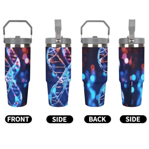 30oz Stainless Steel Insulated Tumbler with Flip Lid & Straw, Leakproof Travel Mug for Car, DNA Genetic Helix Double Wall Vacuum Thermal Coffee Cup with Handle, Spill-Proof Design for Hot/Cold Drinks