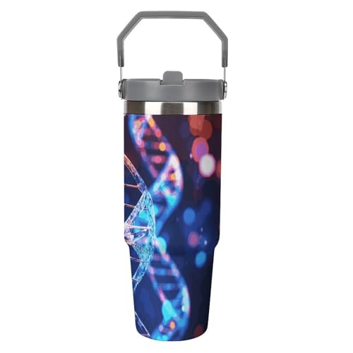 30oz Stainless Steel Insulated Tumbler with Flip Lid & Straw, Leakproof Travel Mug for Car, DNA Genetic Helix Double Wall Vacuum Thermal Coffee Cup with Handle, Spill-Proof Design for Hot/Cold Drinks