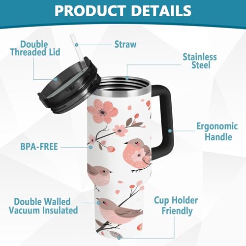 FRCSDIY Birds and Flowers Insulated Tumbler with Handle and Straw Lid,40oz Leakproof Stainless Steel Cup BPA-Free Water Bottle
