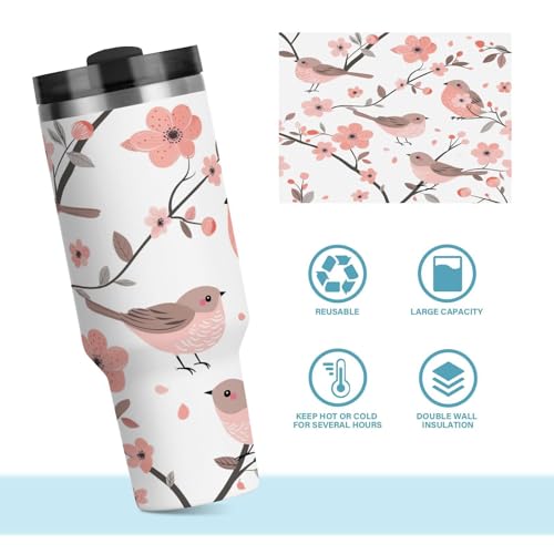 FRCSDIY Birds and Flowers Insulated Tumbler with Handle and Straw Lid,40oz Leakproof Stainless Steel Cup BPA-Free Water Bottle