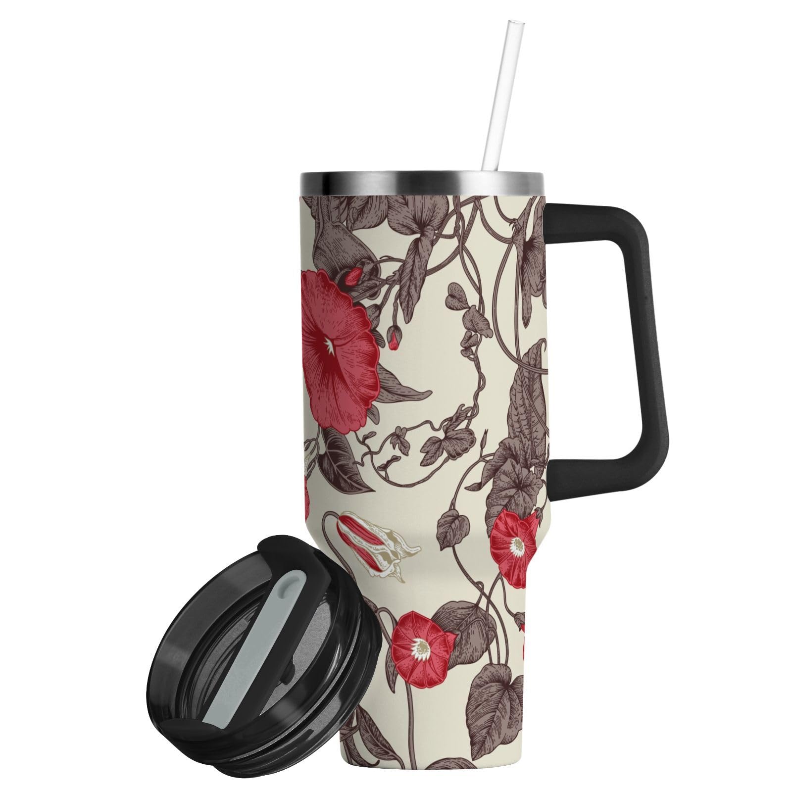 Yasala Car Tumbler with Handle Trumpet Flower Red Travel Mug Coffee Cup Insulated Beverage Container Mega Cup for Hot Cold Drinking Thermos Water Bottle Cupholder Friendly 40 oz