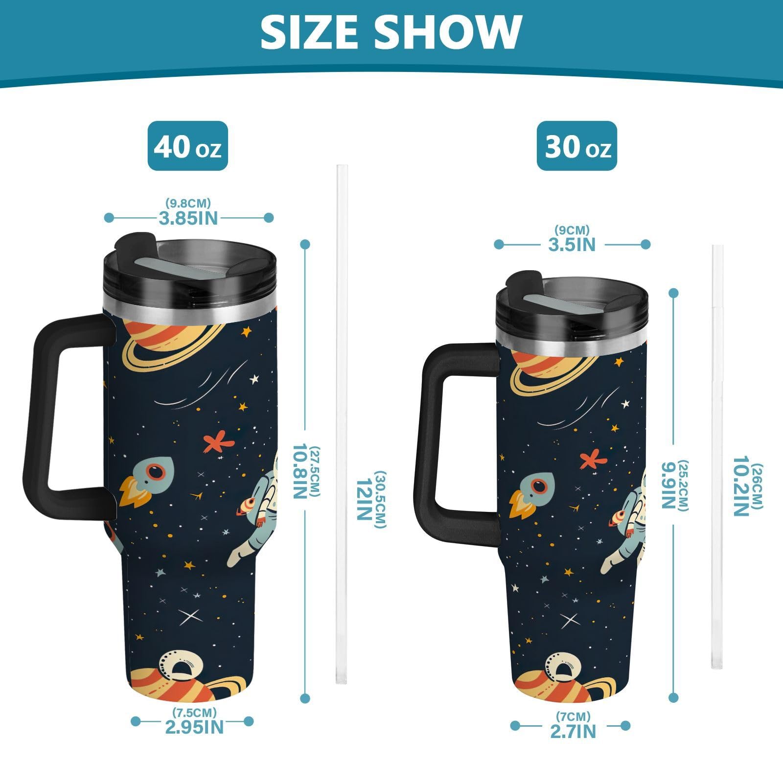 FRCSDIY Cartoon Planet Insulated Tumbler with Handle and Straw Lid,40oz Leakproof Stainless Steel Cup BPA-Free Water Bottle
