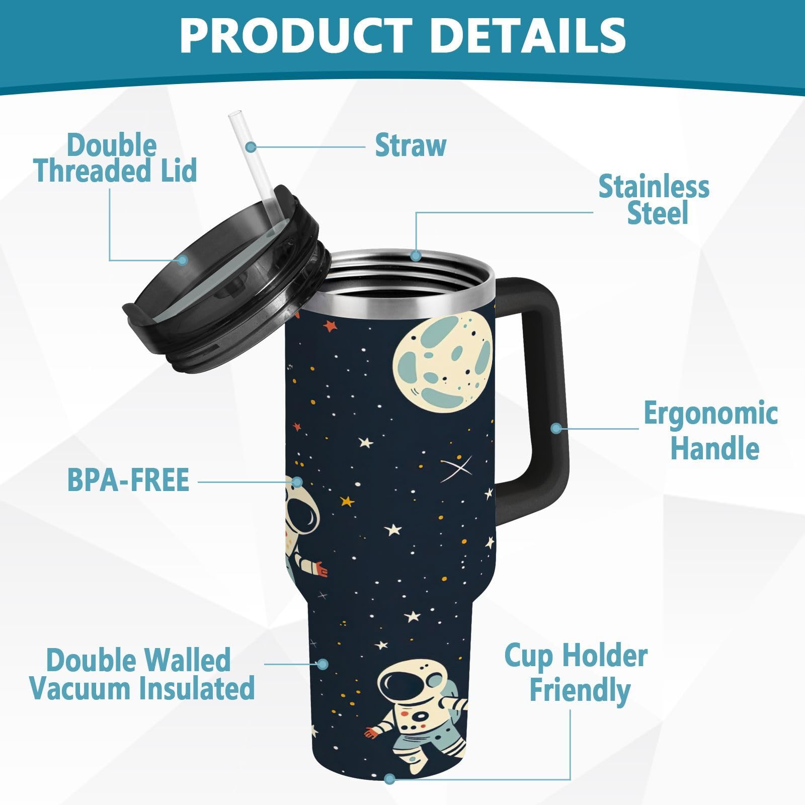 FRCSDIY Cartoon Planet Insulated Tumbler with Handle and Straw Lid,40oz Leakproof Stainless Steel Cup BPA-Free Water Bottle