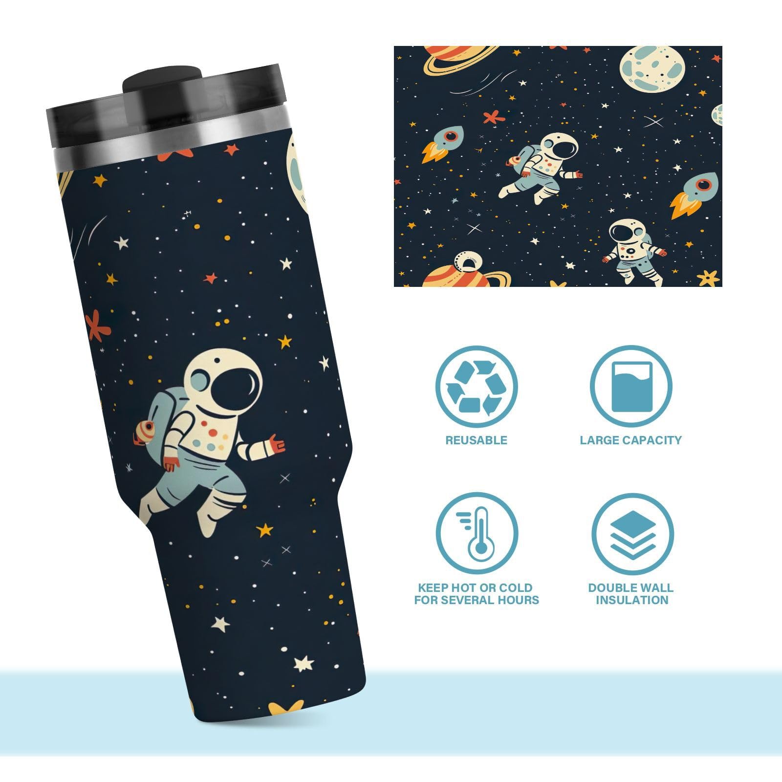 FRCSDIY Cartoon Planet Insulated Tumbler with Handle and Straw Lid,40oz Leakproof Stainless Steel Cup BPA-Free Water Bottle