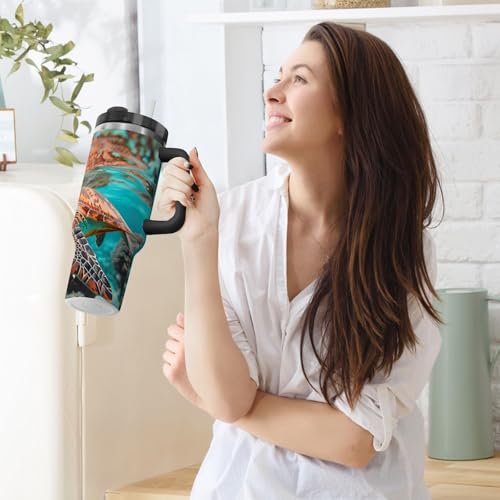 FRCSDIY Underwater Turtle Insulated Tumbler with Handle and Straw Lid,30oz Leakproof Stainless Steel Cup BPA-Free Water Bottle