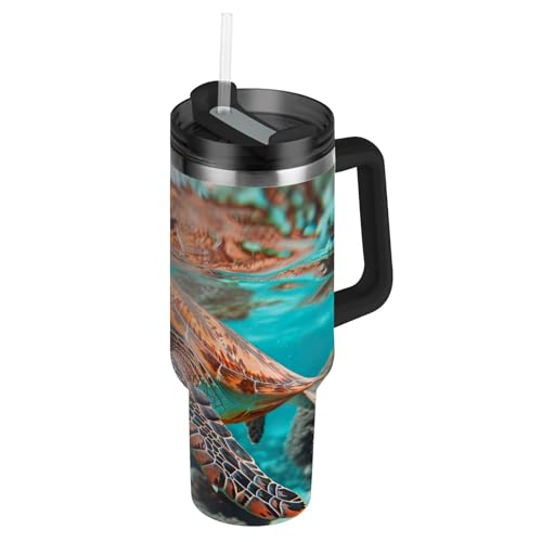 FRCSDIY Underwater Turtle Insulated Tumbler with Handle and Straw Lid,30oz Leakproof Stainless Steel Cup BPA-Free Water Bottle