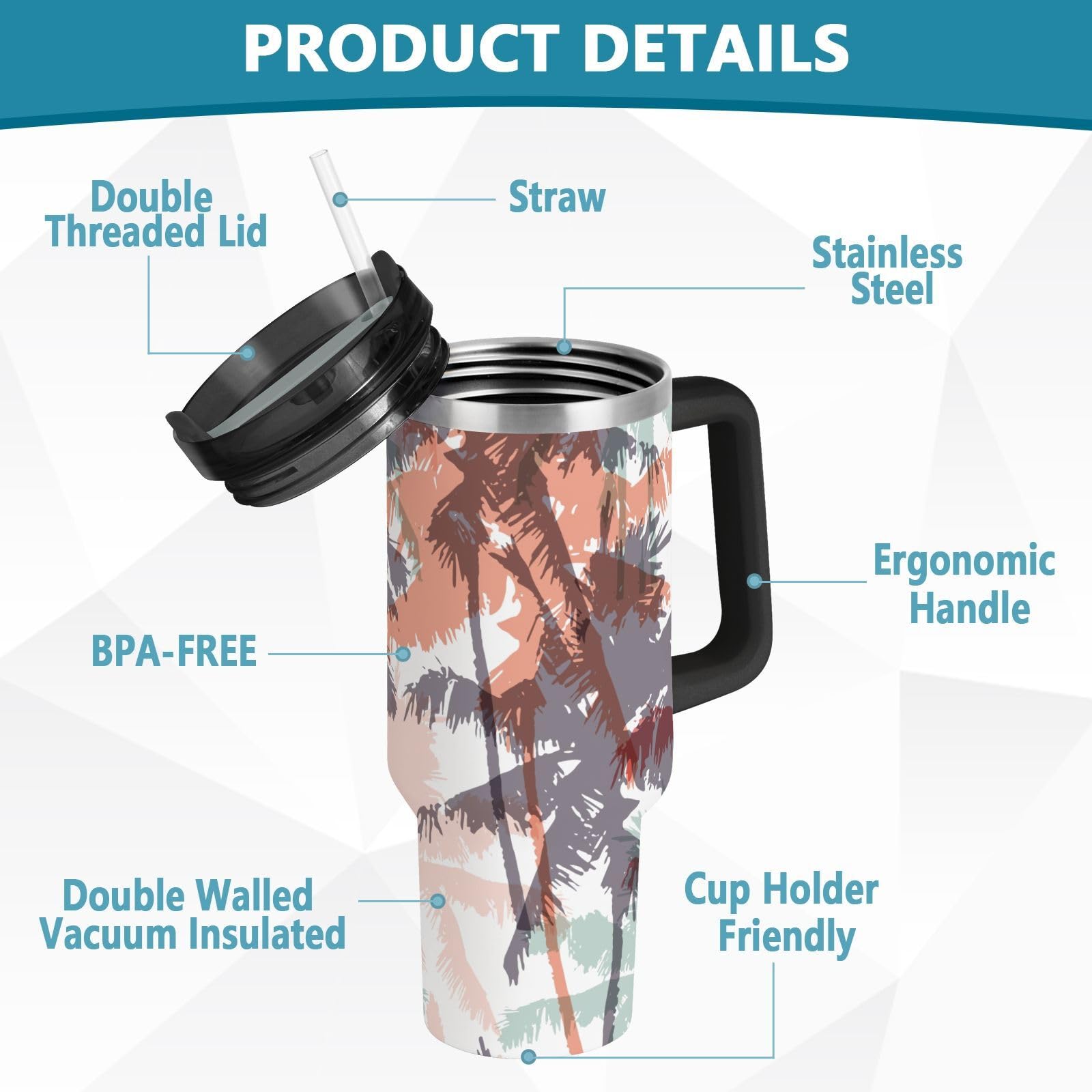 Yasala Car Tumbler with Handle Palm Tree Watercolor Travel Mug Coffee Cup Insulated Beverage Container Mega Cup for Hot Cold Drinking Thermos Water Bottle Cupholder Friendly 40 oz
