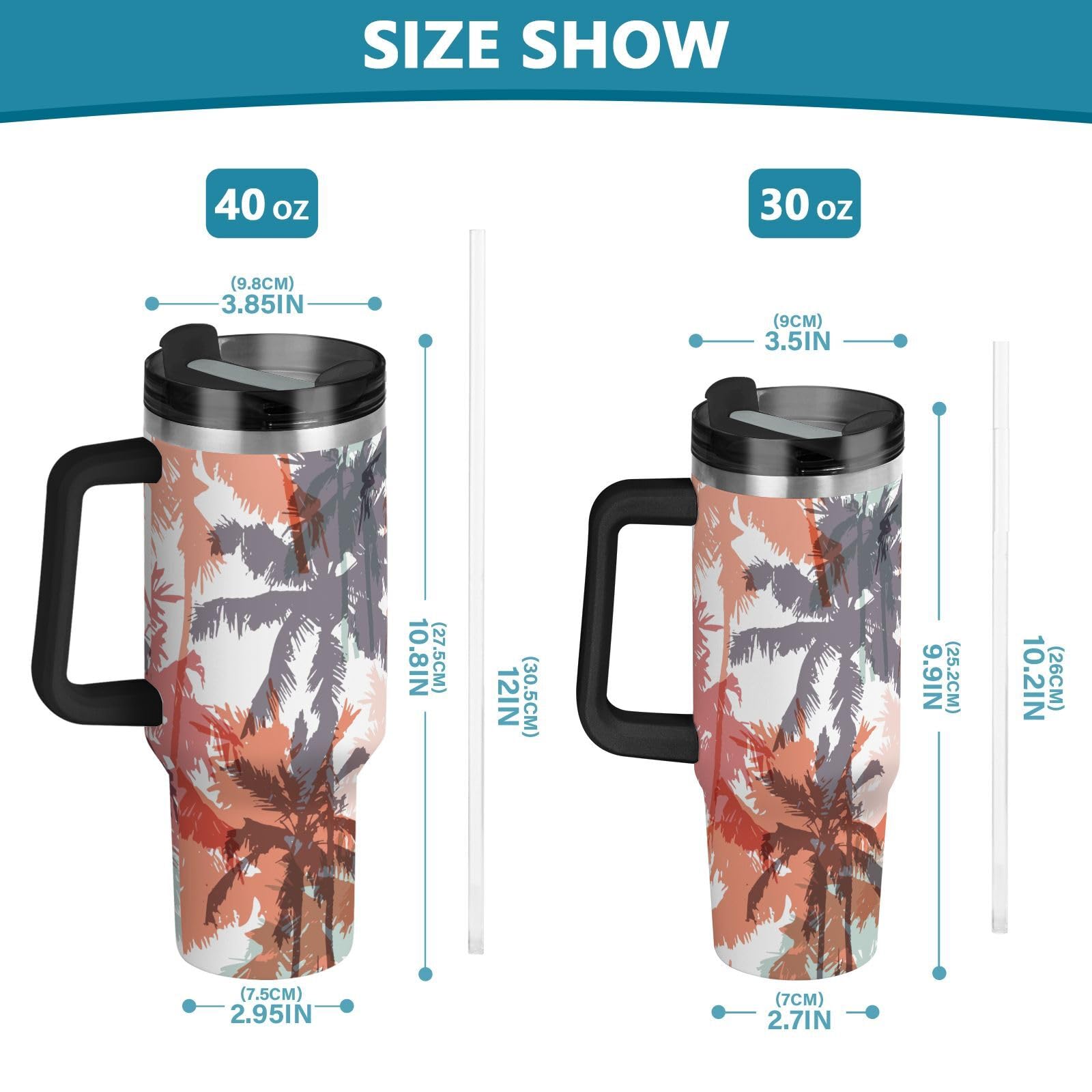 Yasala Car Tumbler with Handle Palm Tree Watercolor Travel Mug Coffee Cup Insulated Beverage Container Mega Cup for Hot Cold Drinking Thermos Water Bottle Cupholder Friendly 40 oz