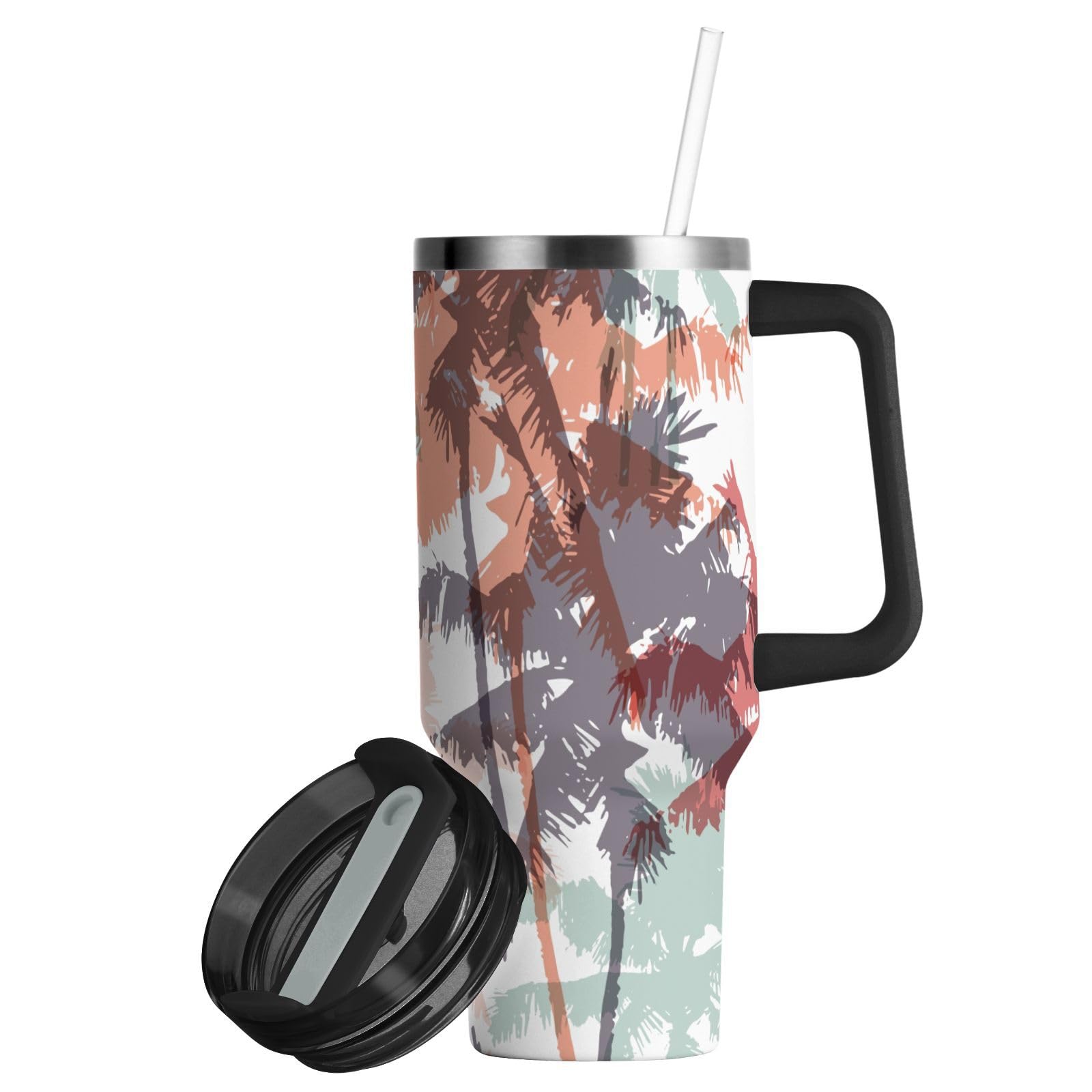 Yasala Car Tumbler with Handle Palm Tree Watercolor Travel Mug Coffee Cup Insulated Beverage Container Mega Cup for Hot Cold Drinking Thermos Water Bottle Cupholder Friendly 40 oz