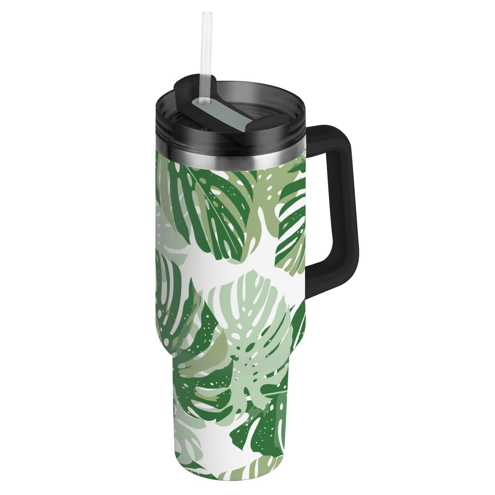 Yasala Car Tumbler with Handle Botanical Palm Leaves Travel Mug Coffee Cup Insulated Beverage Container Mega Cup for Hot Cold Drinking Thermos Water Bottle Cupholder Friendly 40 oz