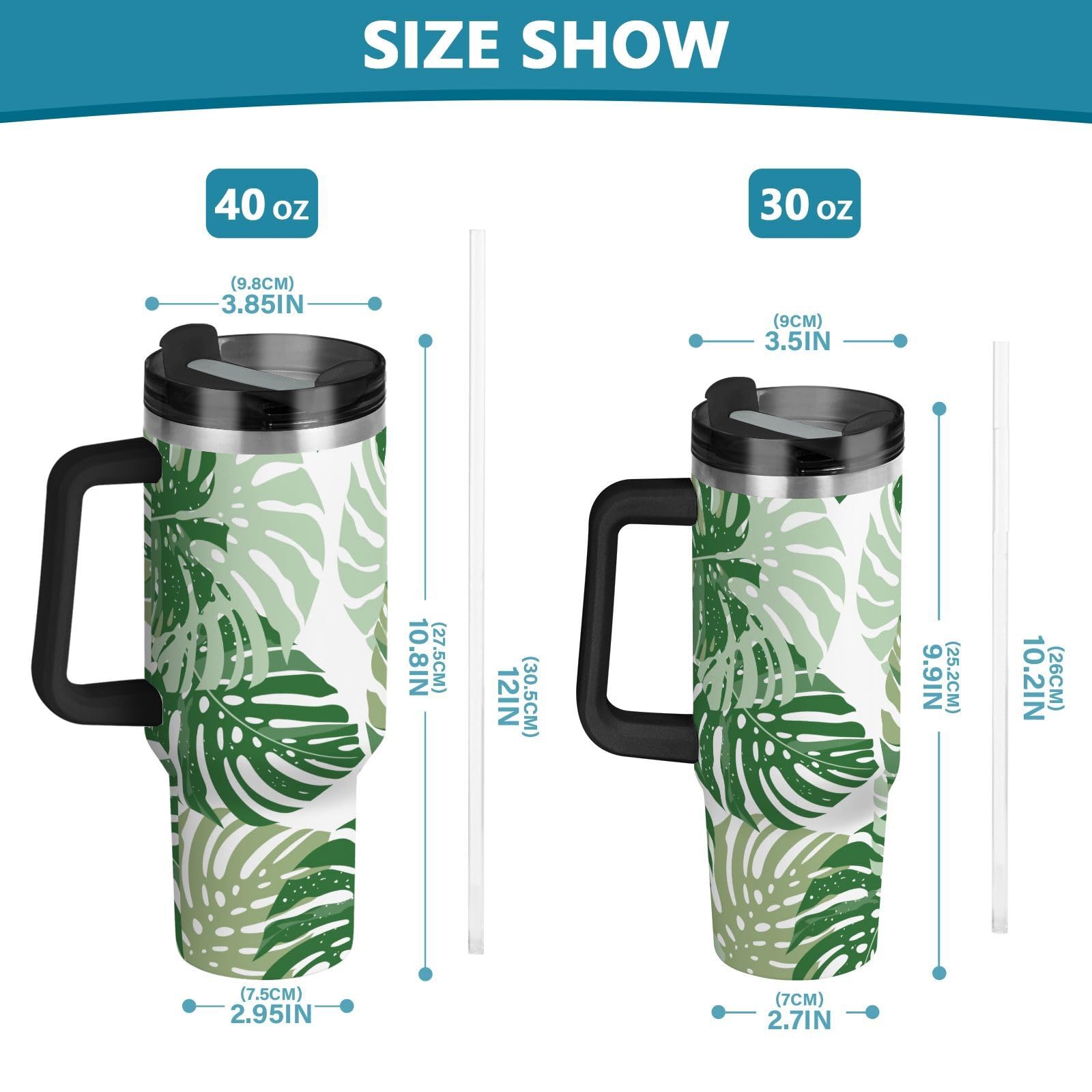 Yasala Car Tumbler with Handle Botanical Palm Leaves Travel Mug Coffee Cup Insulated Beverage Container Mega Cup for Hot Cold Drinking Thermos Water Bottle Cupholder Friendly 40 oz