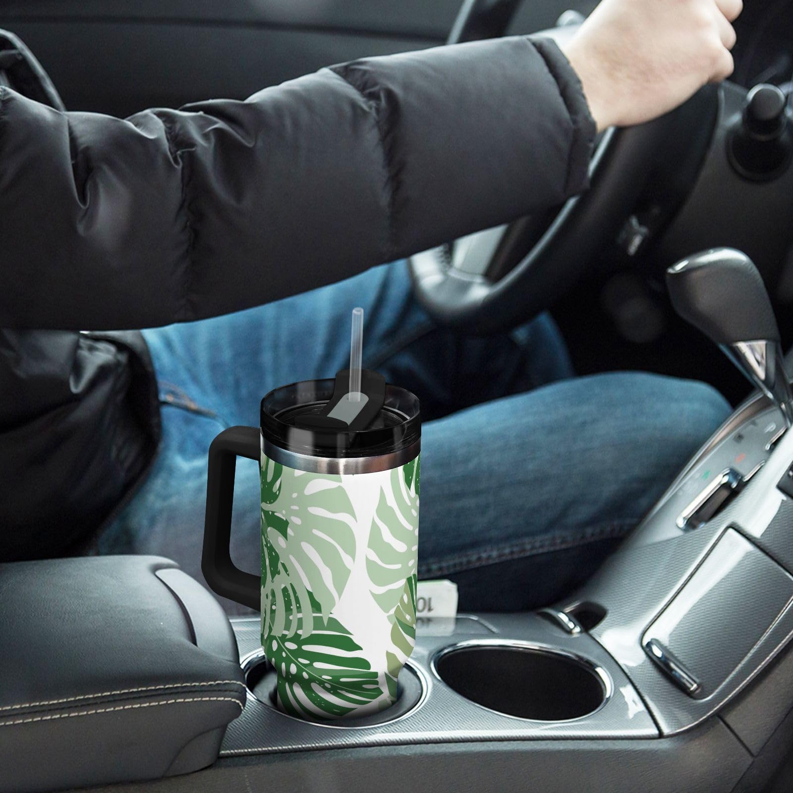 Yasala Car Tumbler with Handle Botanical Palm Leaves Travel Mug Coffee Cup Insulated Beverage Container Mega Cup for Hot Cold Drinking Thermos Water Bottle Cupholder Friendly 40 oz