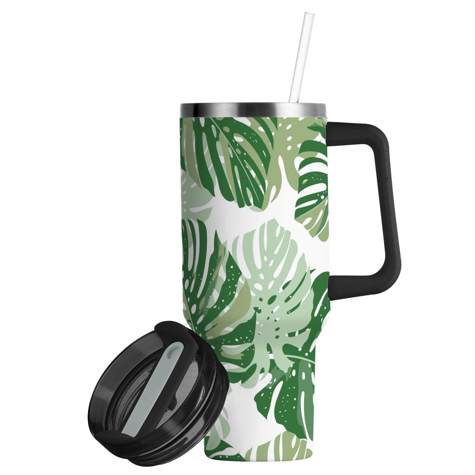 Yasala Car Tumbler with Handle Botanical Palm Leaves Travel Mug Coffee Cup Insulated Beverage Container Mega Cup for Hot Cold Drinking Thermos Water Bottle Cupholder Friendly 40 oz