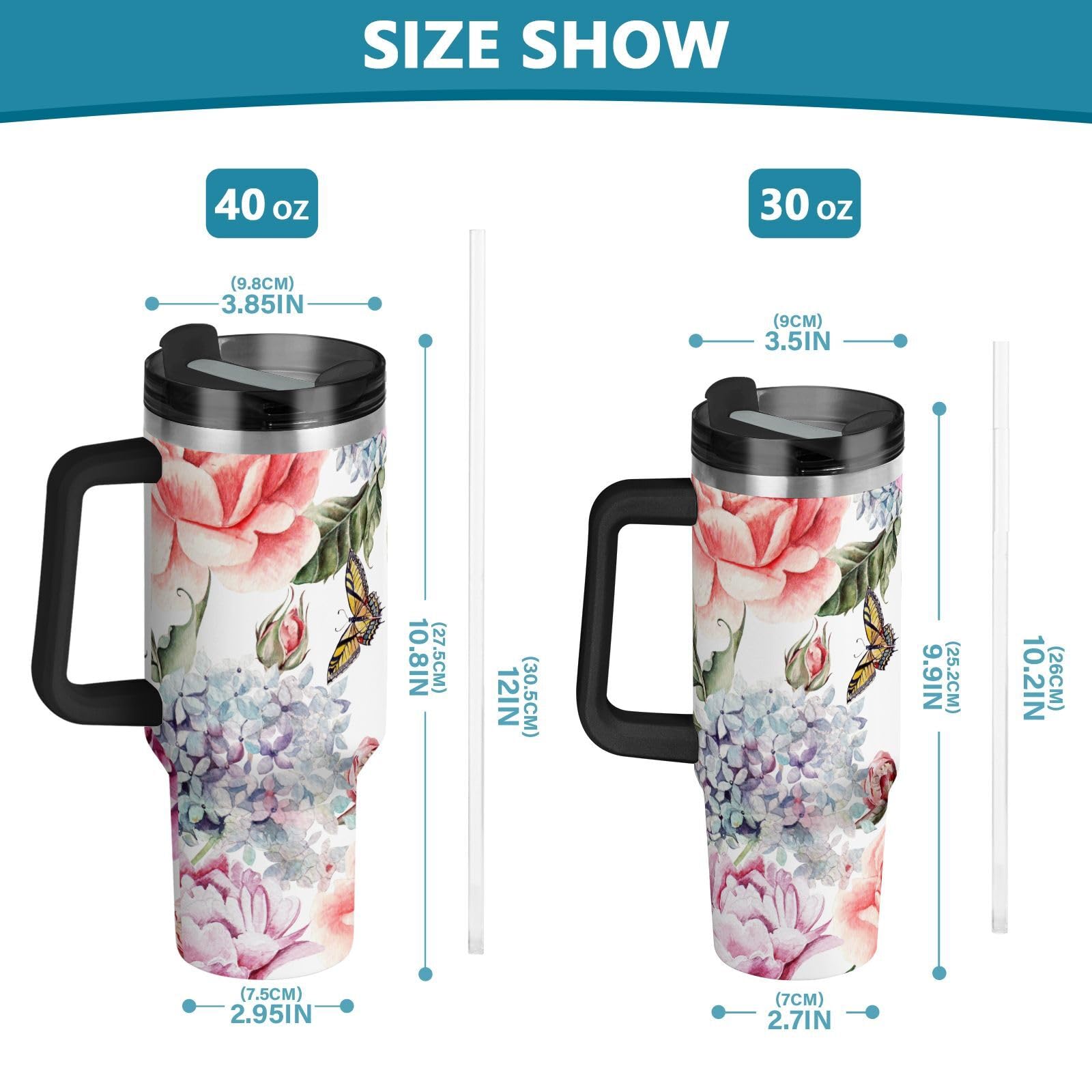 Yasala Car Tumbler with Handle Peony Butterfly Watercolor Travel Mug Coffee Cup Insulated Beverage Container Mega Cup for Hot Cold Drinking Thermos Water Bottle Cupholder Friendly 40 oz