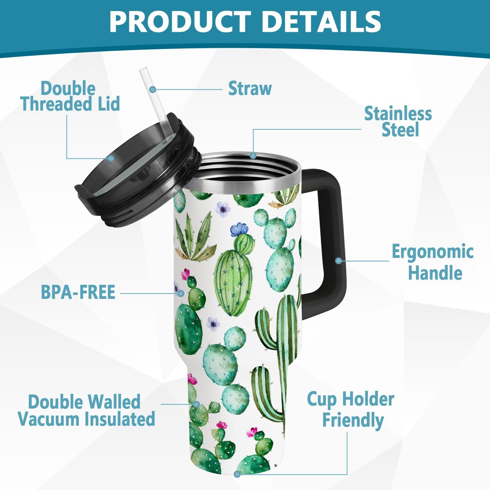 Yasala Car Tumbler with Handle Cactus Floret Travel Mug Coffee Cup Insulated Beverage Container Mega Cup for Hot Cold Drinking Thermos Water Bottle Cupholder Friendly 40 oz