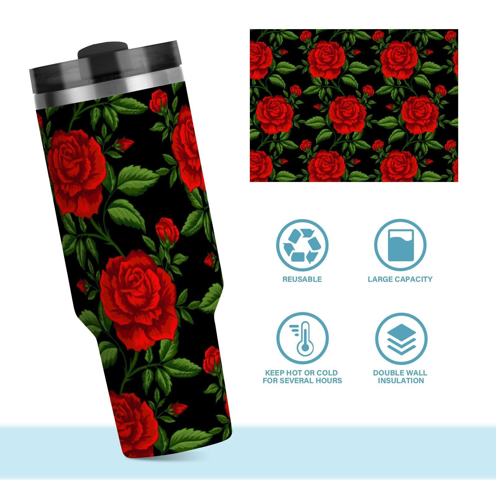 Yasala Car Tumbler with Handle Rose Leaves Travel Mug Coffee Cup Insulated Beverage Container Mega Cup for Hot Cold Drinking Thermos Water Bottle Cupholder Friendly 40 oz