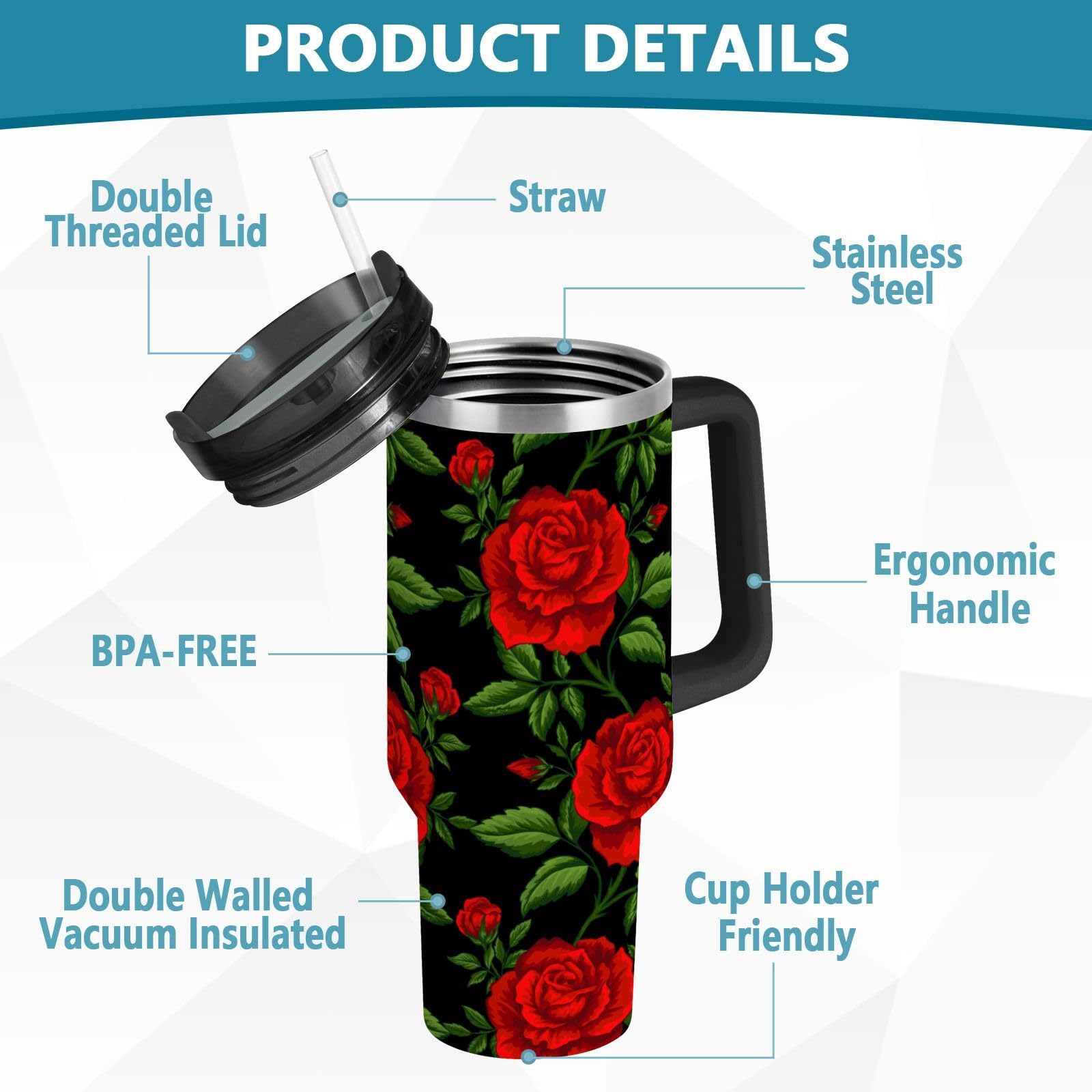 Yasala Car Tumbler with Handle Rose Leaves Travel Mug Coffee Cup Insulated Beverage Container Mega Cup for Hot Cold Drinking Thermos Water Bottle Cupholder Friendly 40 oz