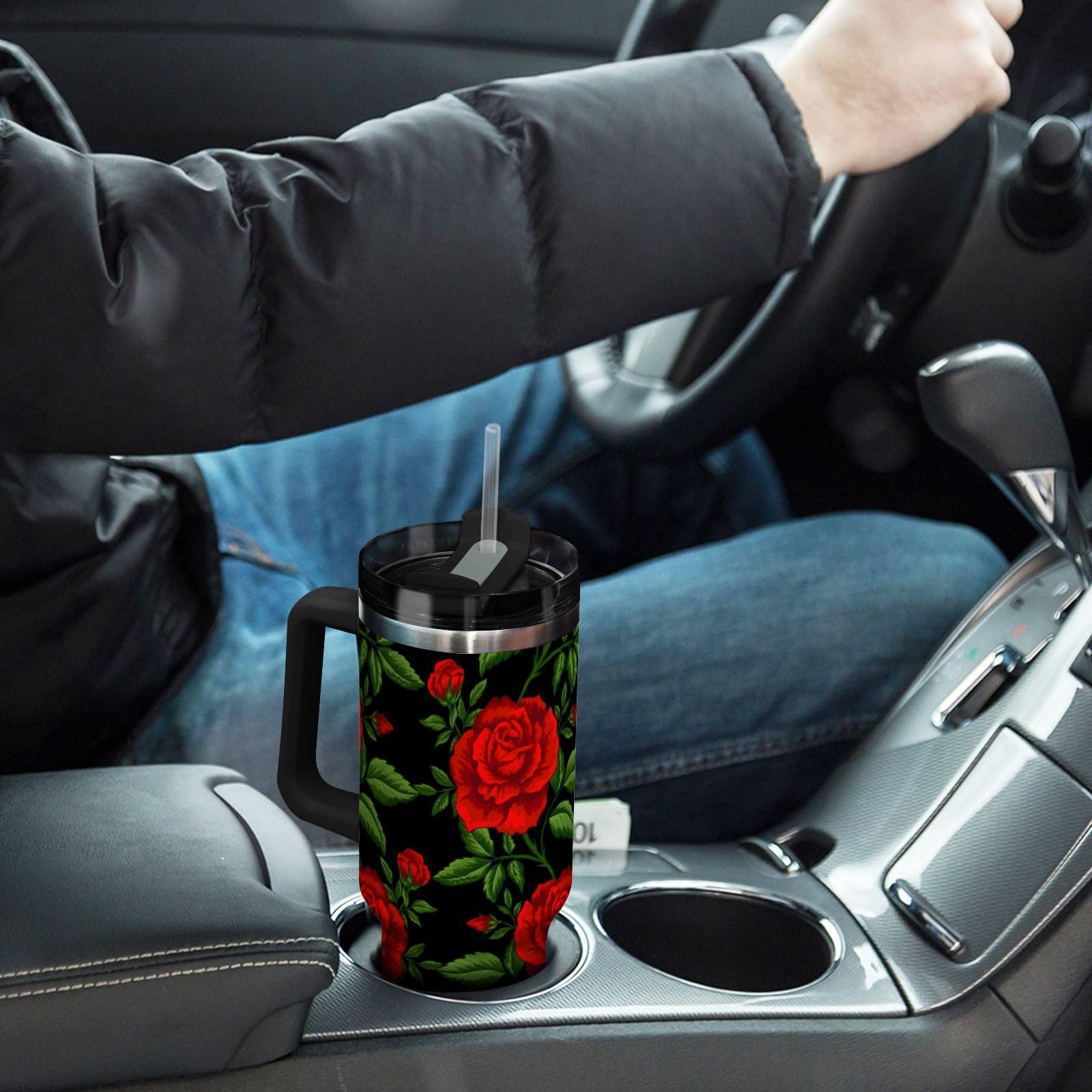 Yasala Car Tumbler with Handle Rose Leaves Travel Mug Coffee Cup Insulated Beverage Container Mega Cup for Hot Cold Drinking Thermos Water Bottle Cupholder Friendly 40 oz