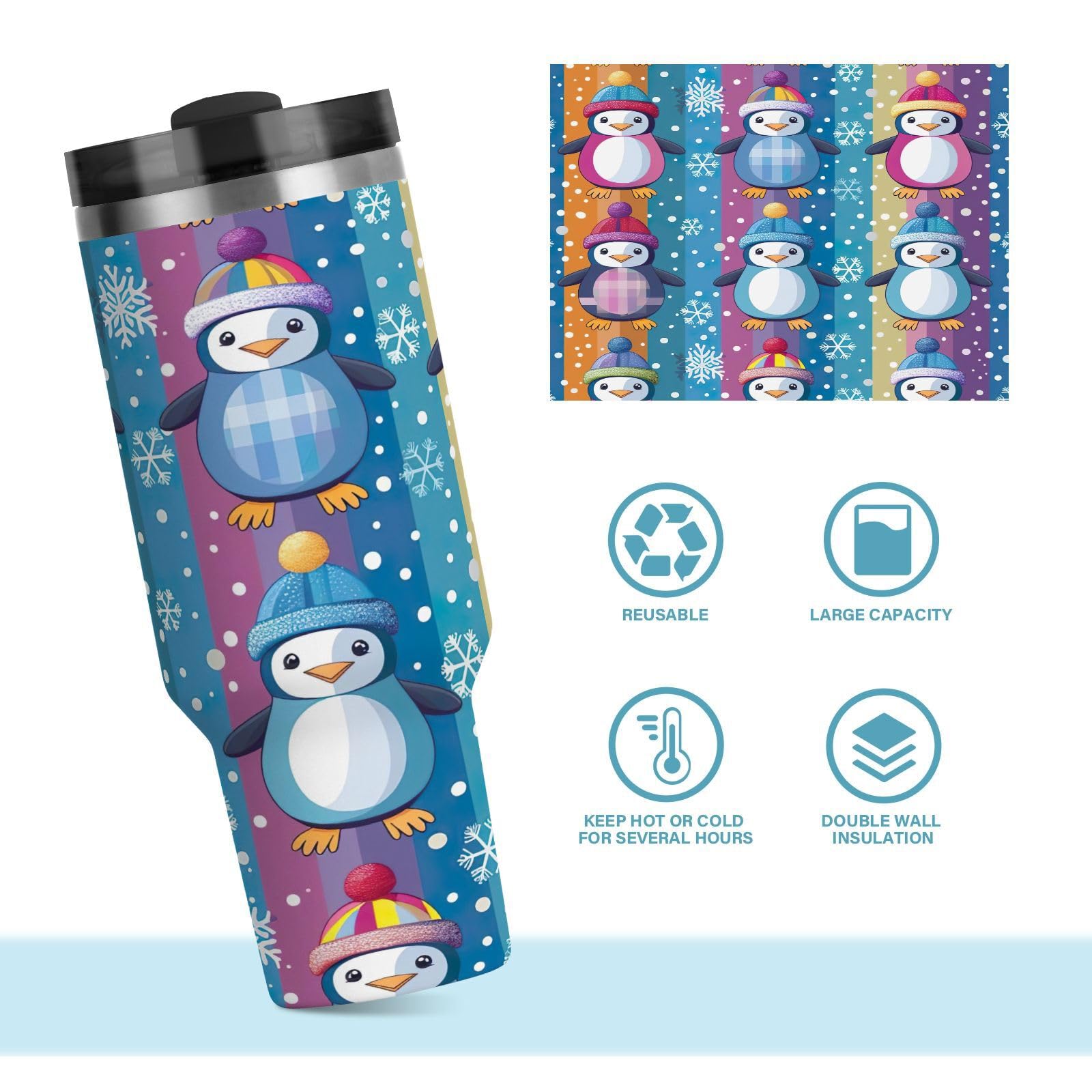 FRCSDIY Cartoon Penguin Insulated Tumbler with Handle and Straw Lid,30oz Leakproof Stainless Steel Cup BPA-Free Water Bottle