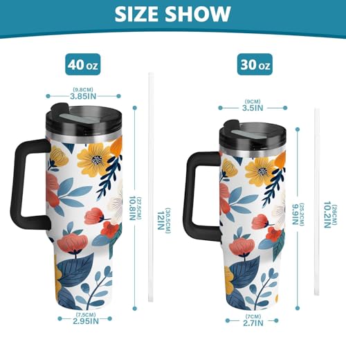 FRCSDIY Beautiful Flowers Insulated Tumbler with Handle and Straw Lid,40oz Leakproof Stainless Steel Cup BPA-Free Water Bottle