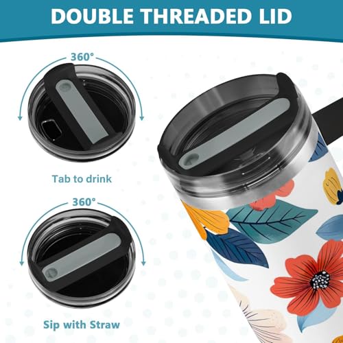 FRCSDIY Beautiful Flowers Insulated Tumbler with Handle and Straw Lid,40oz Leakproof Stainless Steel Cup BPA-Free Water Bottle