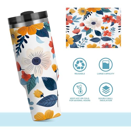 FRCSDIY Beautiful Flowers Insulated Tumbler with Handle and Straw Lid,40oz Leakproof Stainless Steel Cup BPA-Free Water Bottle