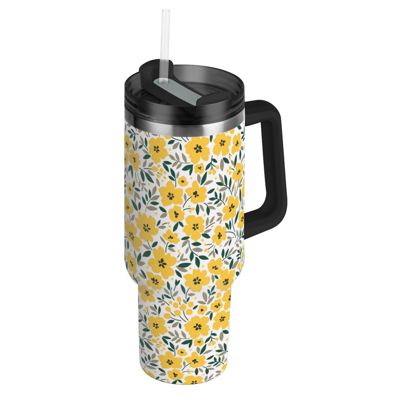 Yasala Car Tumbler with Handle Spring Yellow Flower Cute Travel Mug Coffee Cup Insulated Beverage Container Mega Cup for Hot Cold Drinking Thermos Water Bottle Cupholder Friendly 40 oz