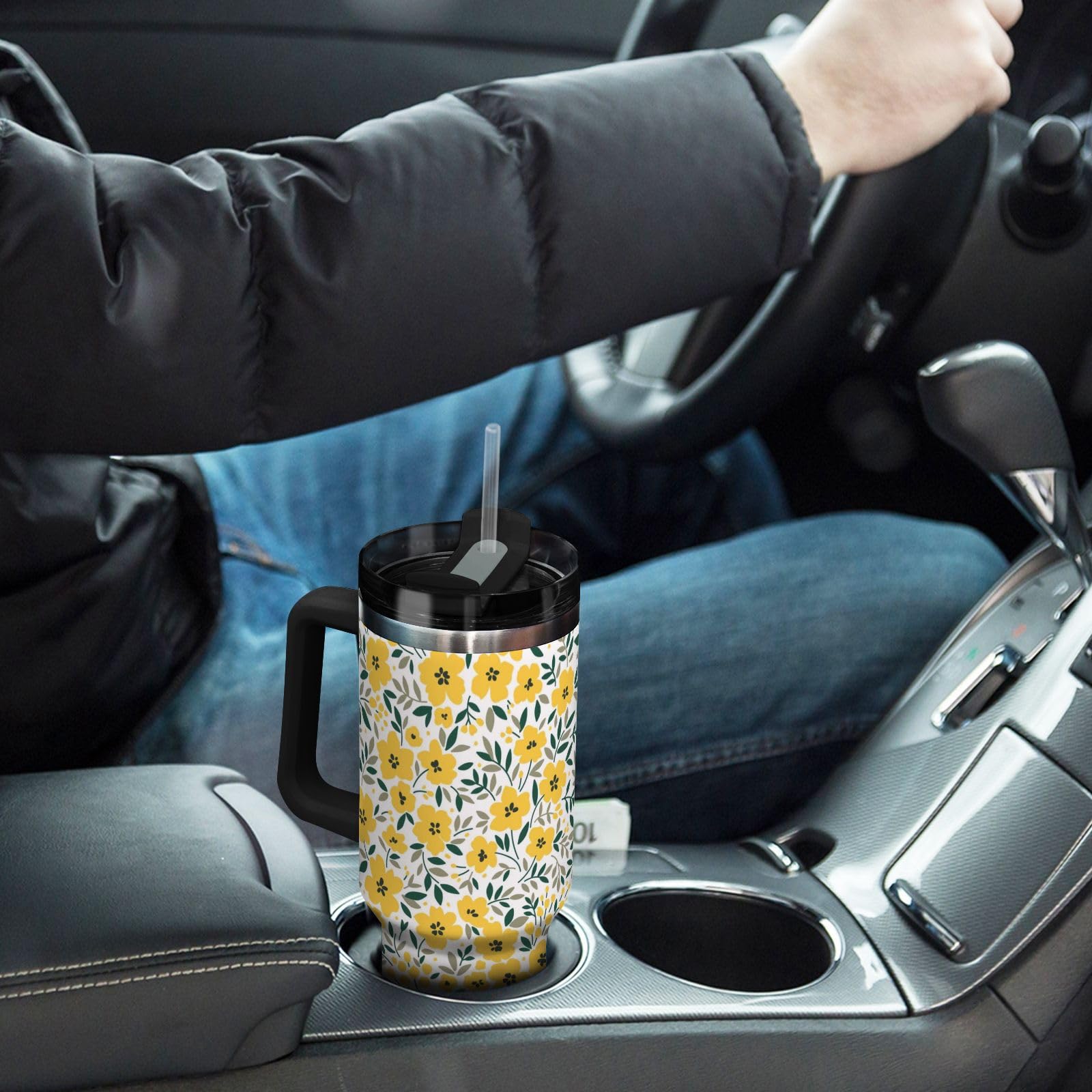 Yasala Car Tumbler with Handle Spring Yellow Flower Cute Travel Mug Coffee Cup Insulated Beverage Container Mega Cup for Hot Cold Drinking Thermos Water Bottle Cupholder Friendly 40 oz