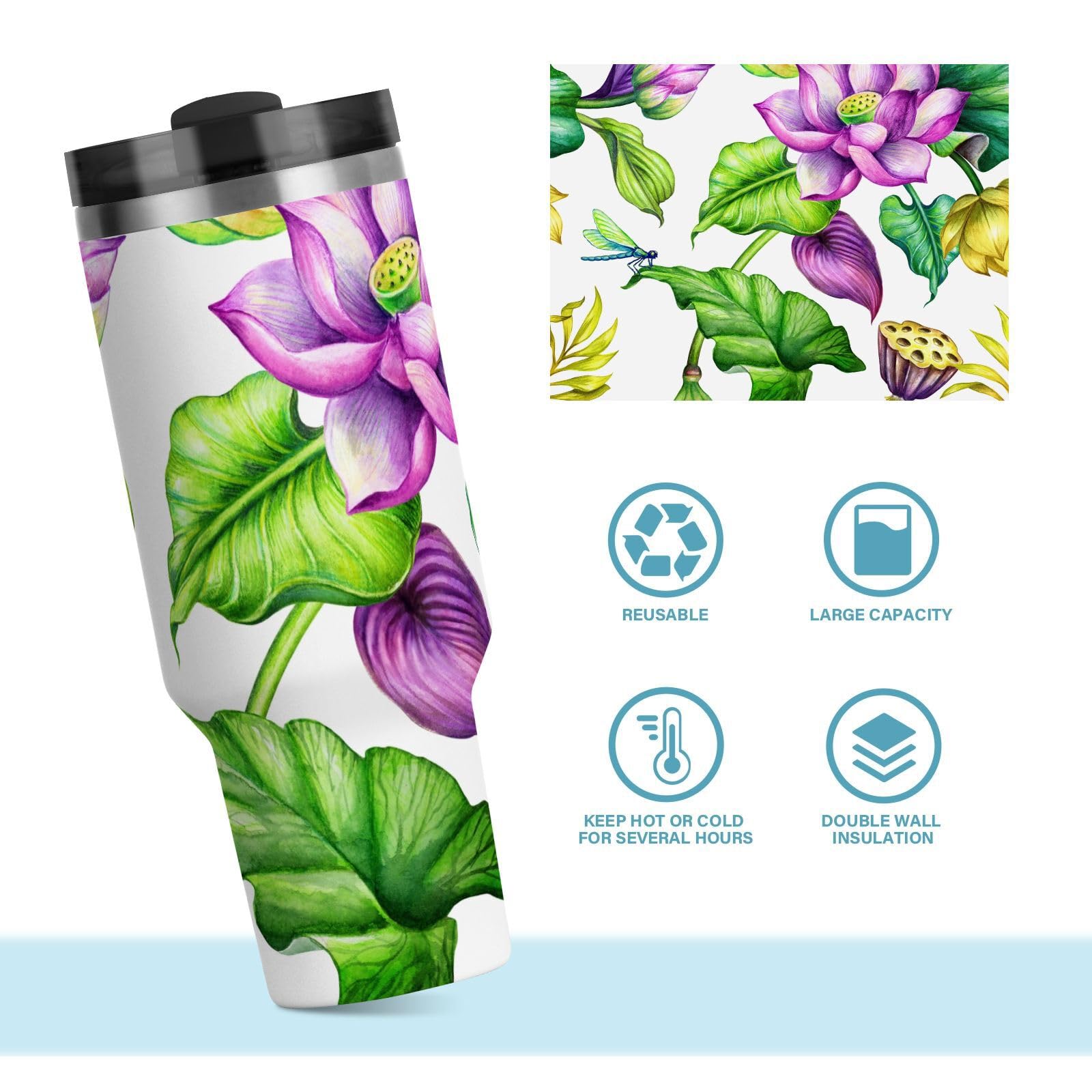 Yasala Car Tumbler with Handle Lotus Dragonfly Spring Travel Mug Coffee Cup Insulated Beverage Container Mega Cup for Hot Cold Drinking Thermos Water Bottle Cupholder Friendly 40 oz