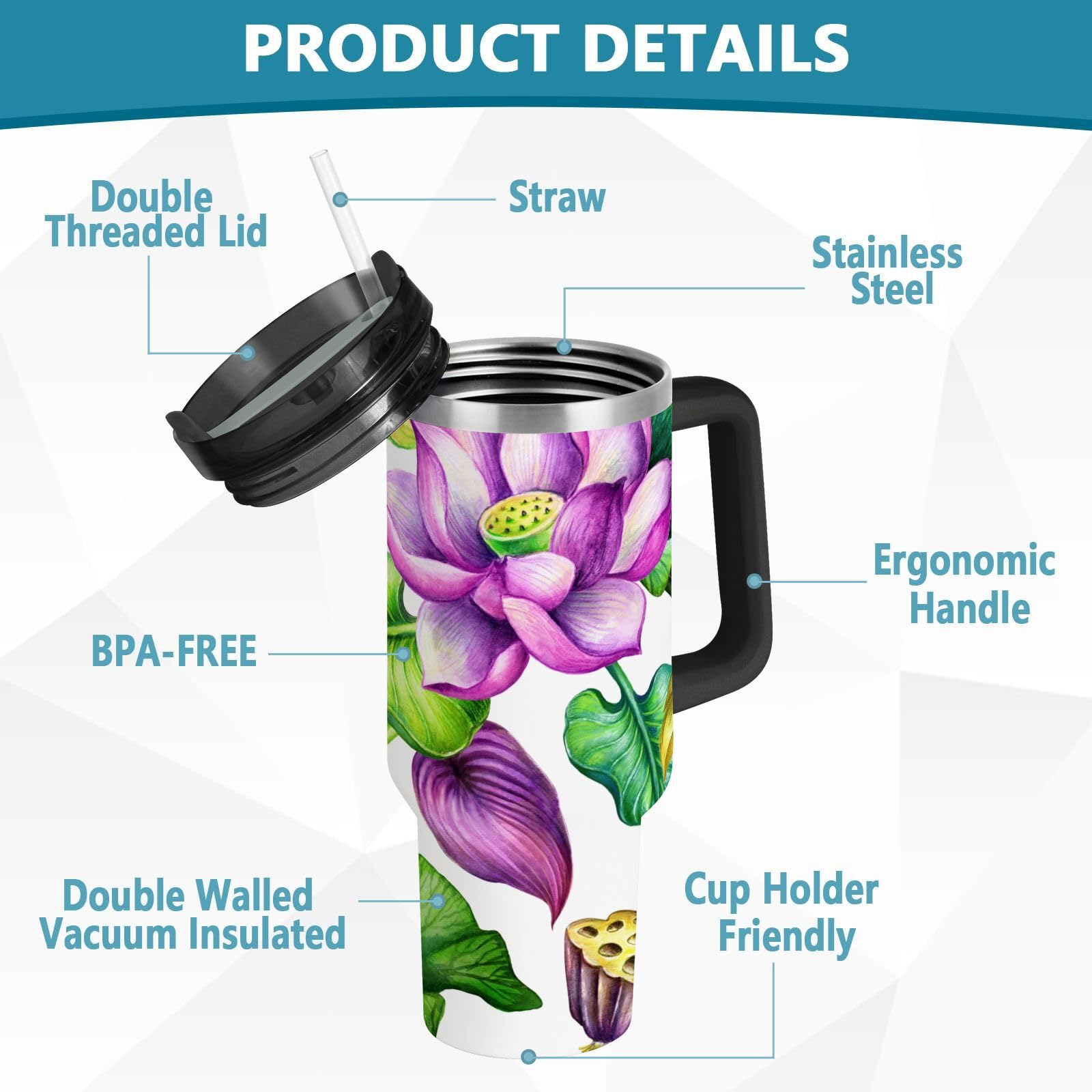 Yasala Car Tumbler with Handle Lotus Dragonfly Spring Travel Mug Coffee Cup Insulated Beverage Container Mega Cup for Hot Cold Drinking Thermos Water Bottle Cupholder Friendly 40 oz