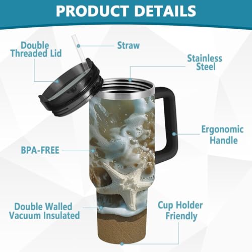 FRCSDIY Beach Shells Insulated Tumbler with Handle and Straw Lid,40oz Leakproof Stainless Steel Cup BPA-Free Water Bottle