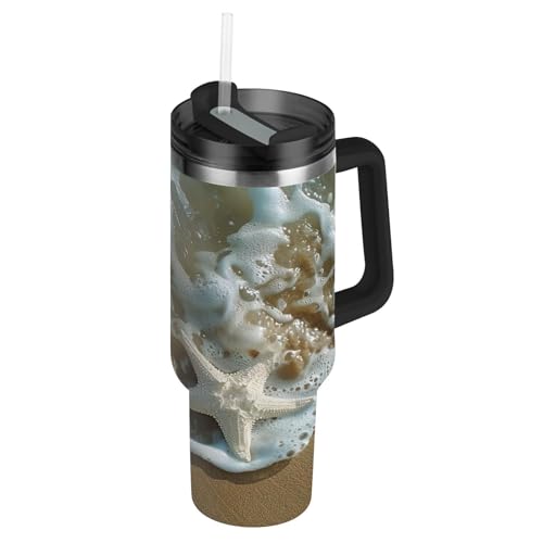FRCSDIY Beach Shells Insulated Tumbler with Handle and Straw Lid,40oz Leakproof Stainless Steel Cup BPA-Free Water Bottle