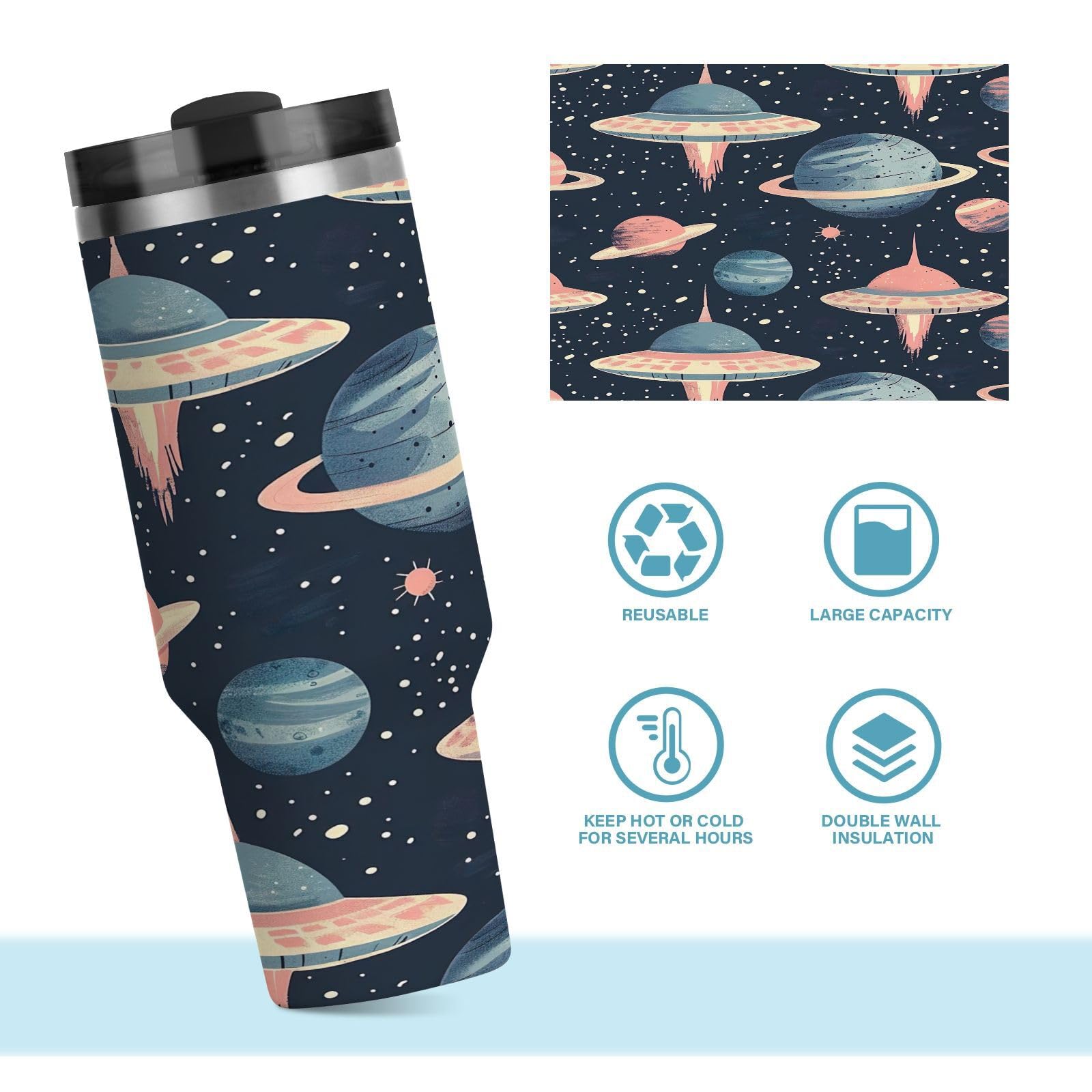 FRCSDIY Cosmic Planet Insulated Tumbler with Handle and Straw Lid,30oz Leakproof Stainless Steel Cup BPA-Free Water Bottle