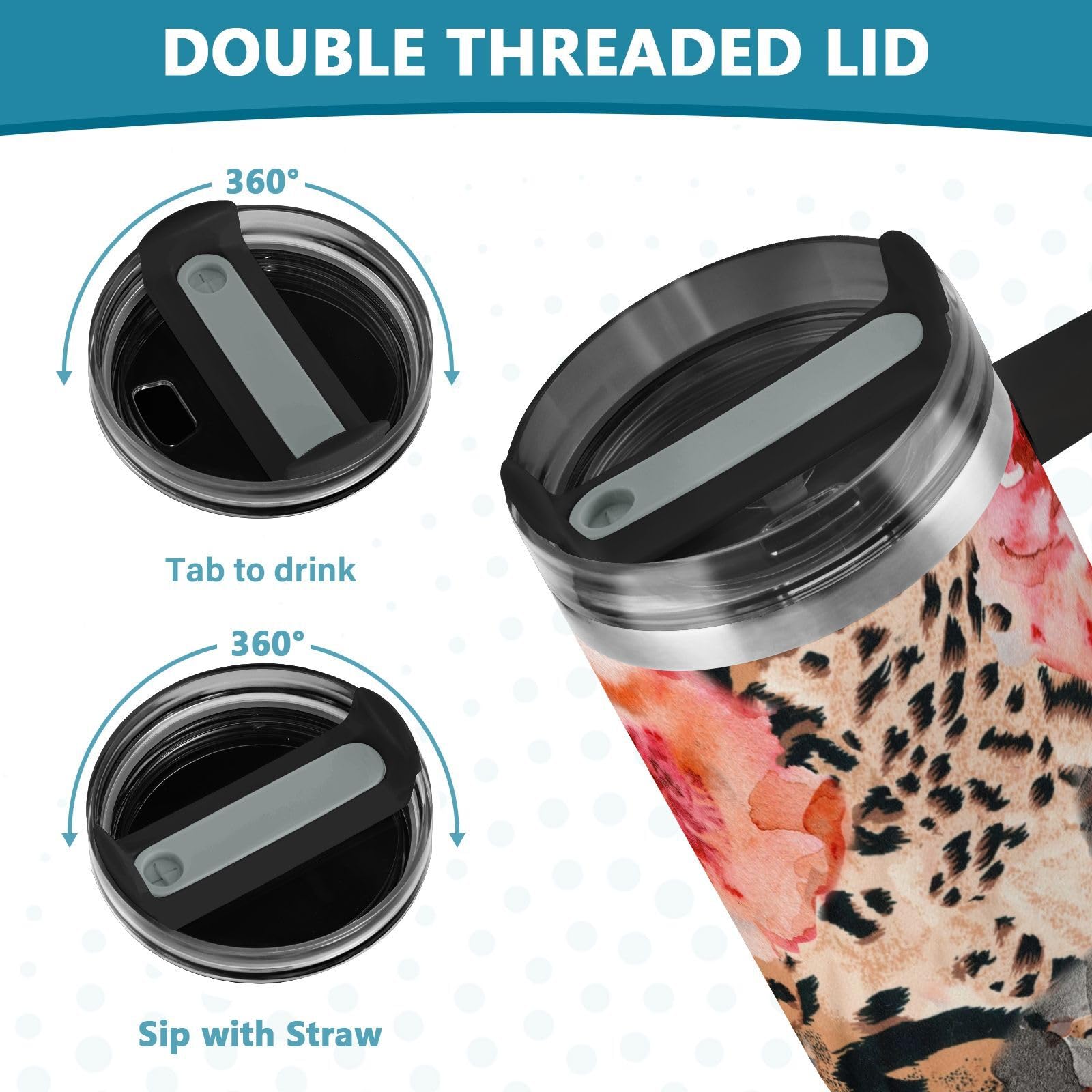 Yasala Car Tumbler with Handle Vintage Leopard Floral Art Travel Mug Coffee Cup Insulated Beverage Container Mega Cup for Hot Cold Drinking Thermos Water Bottle Cupholder Friendly 40 oz